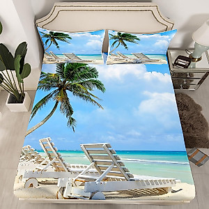 Erosebridal Hawaii Beach Bed Sheets Set Full Size, Tropical Sheets, Ocean Beach Decor Sheets, Palm Tree Flat Fitted Sheet, Summer Holiday Style Sheet Set, Coastal Bedding Bedroom Decor, 4Pcs