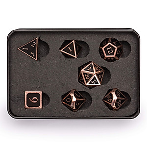 Yellow Mountain Imports Collector's 7 Rose Copper on Black Metal Dice Set with Storage Case, Copper Rose - for Role Playing Games (RPG), DND, MTG, and Other Dice Games - Made