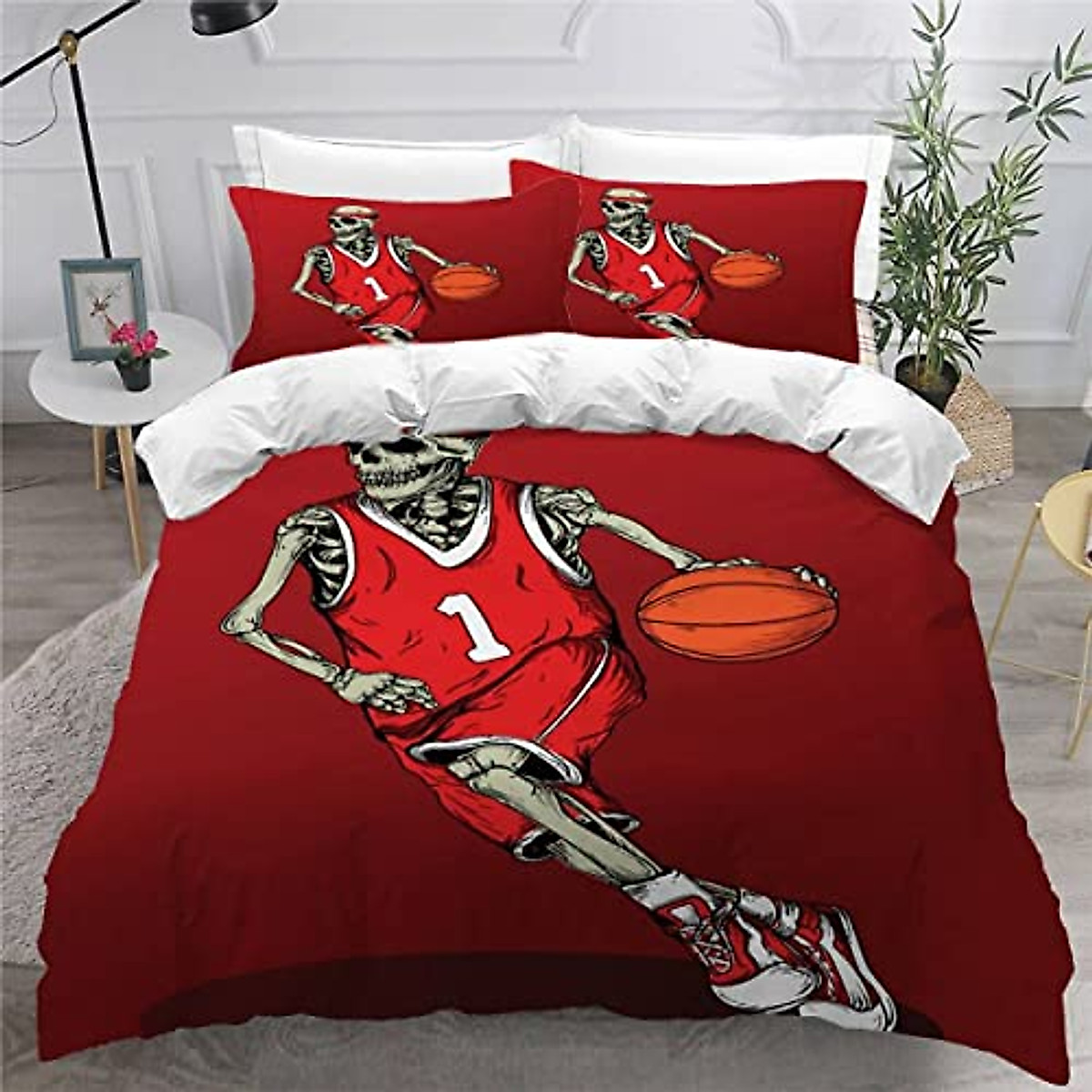 Quilt Cover Twin Size Skeleton 3D Bedding Sets Basketball Duvet Cover Breathable Hypoallergenic Stain Wrinkle Resistant Microfiber with Zipper Closure,beding Set with 2 Pillowcase