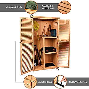 JOVNO Outdoor 63" Wood Storage Shed Tool Organizer Garden Storage Cabinet with Waterproof Roof, Lockable Doors, 3-Tier Shelves for Patio Lawn Backyard Home Garage