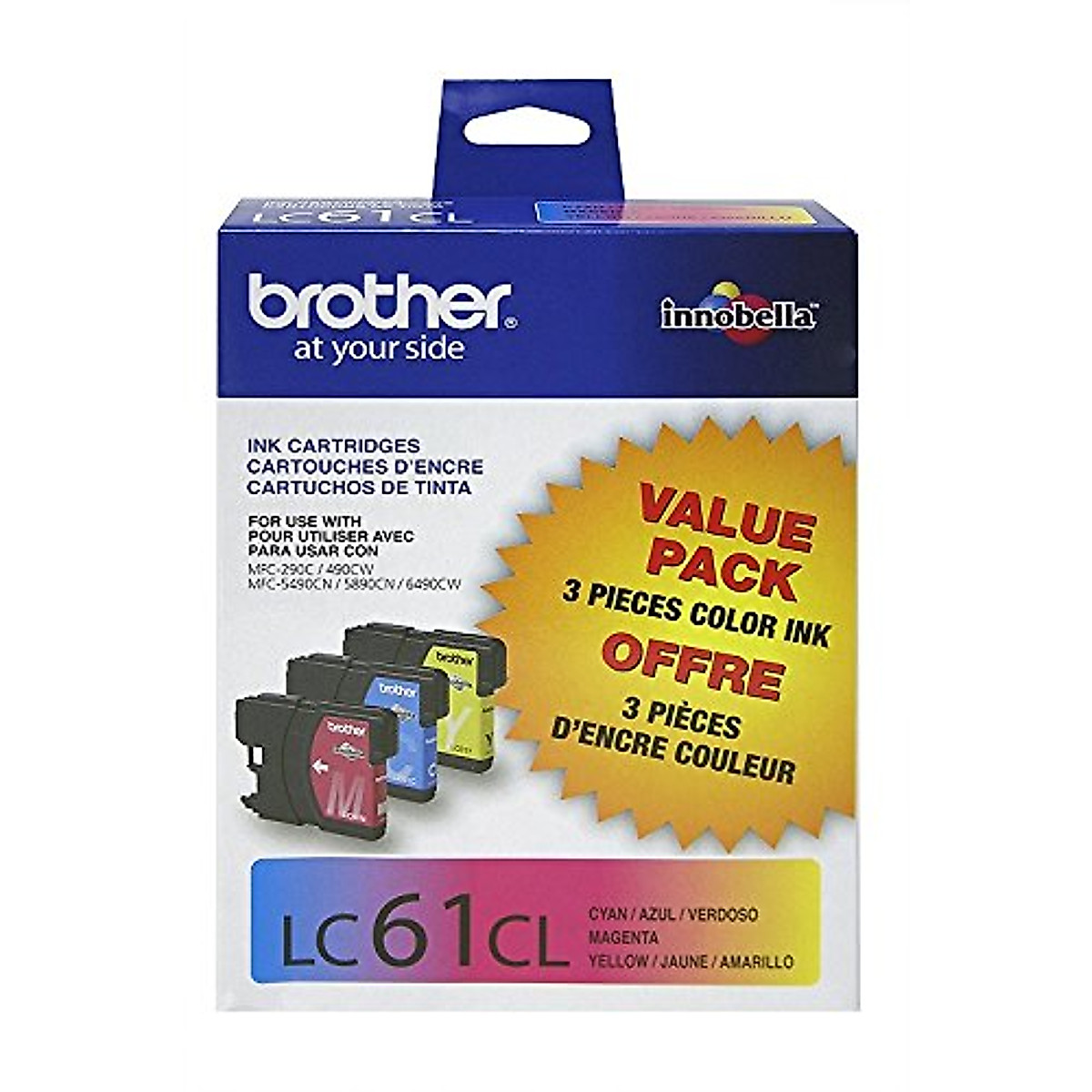 Brother LC61CL 3-Pack Ink Cartridge, 500 Page-Yield, Cyan Magenta Yellow