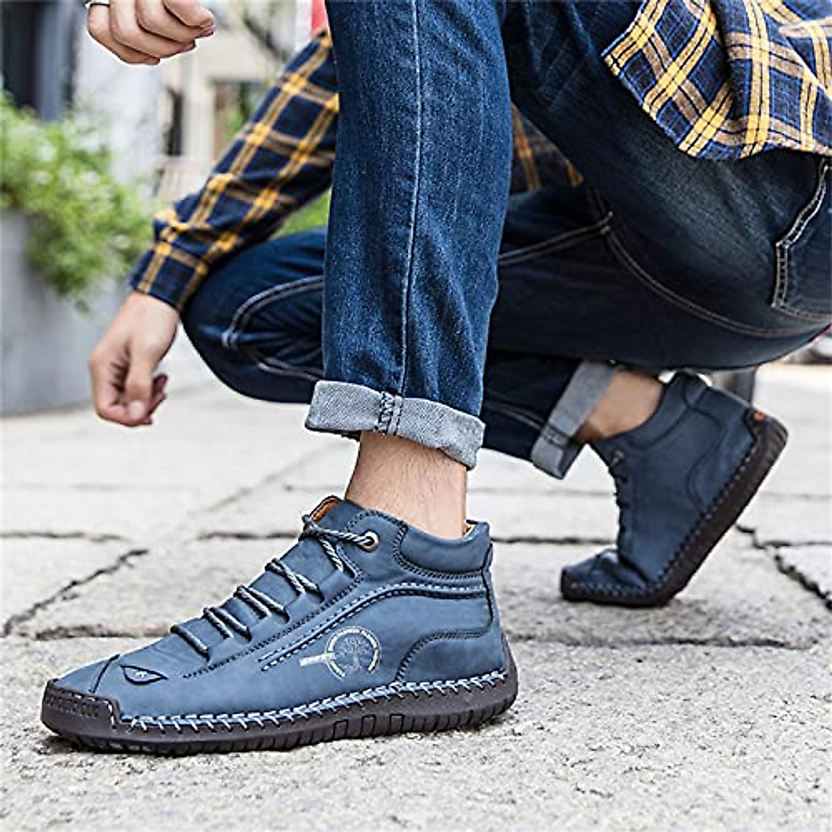 Govicta Mens Casual Shoes Slip On Loafers Leather Oxford Shoes Fashion Shoes Ankle Chukka Boots Blue, Size US8.5