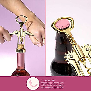 Paris Hilton Wine Bottle Chiller Set, Insulated Double Wall Chiller, Gold Winged Corkscrew Wine Bottle Opener, Diamond Wine Stopper, 3-Piece Set, Pink