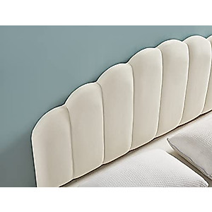 Ball & Cast Tufted Velvet Upholstered Headboard Channel, Queen Full Size Bed Adjusted Height 42-50 inch, Cream