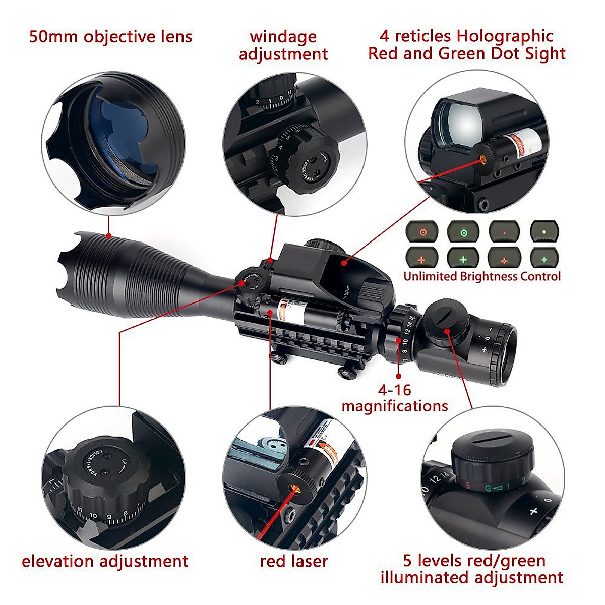 THEA 4-16x50 Tactical Rifle Scope Red/Green Illuminated Range Finder Reticle W/Red/Green Laser and Holographic Reflex Dot Sight (12 Month Warranty) (Red)