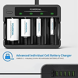 POWEROWL Rechargeable D Batteries with 4 Bay Battery Charger, USB Quick Charging, for AA AAA C D Ni-MH Ni-CD Rechargeable Batteries -4 Count