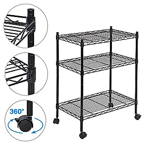 JungleA 3-Shelf Storage Shelving Unit with Universal Wheels,Heavy Duty Adjustable Metal Organizer Wire Rack for Home Kitchen Garage Office, 24 L x 13.9 W x 31.2H Inches