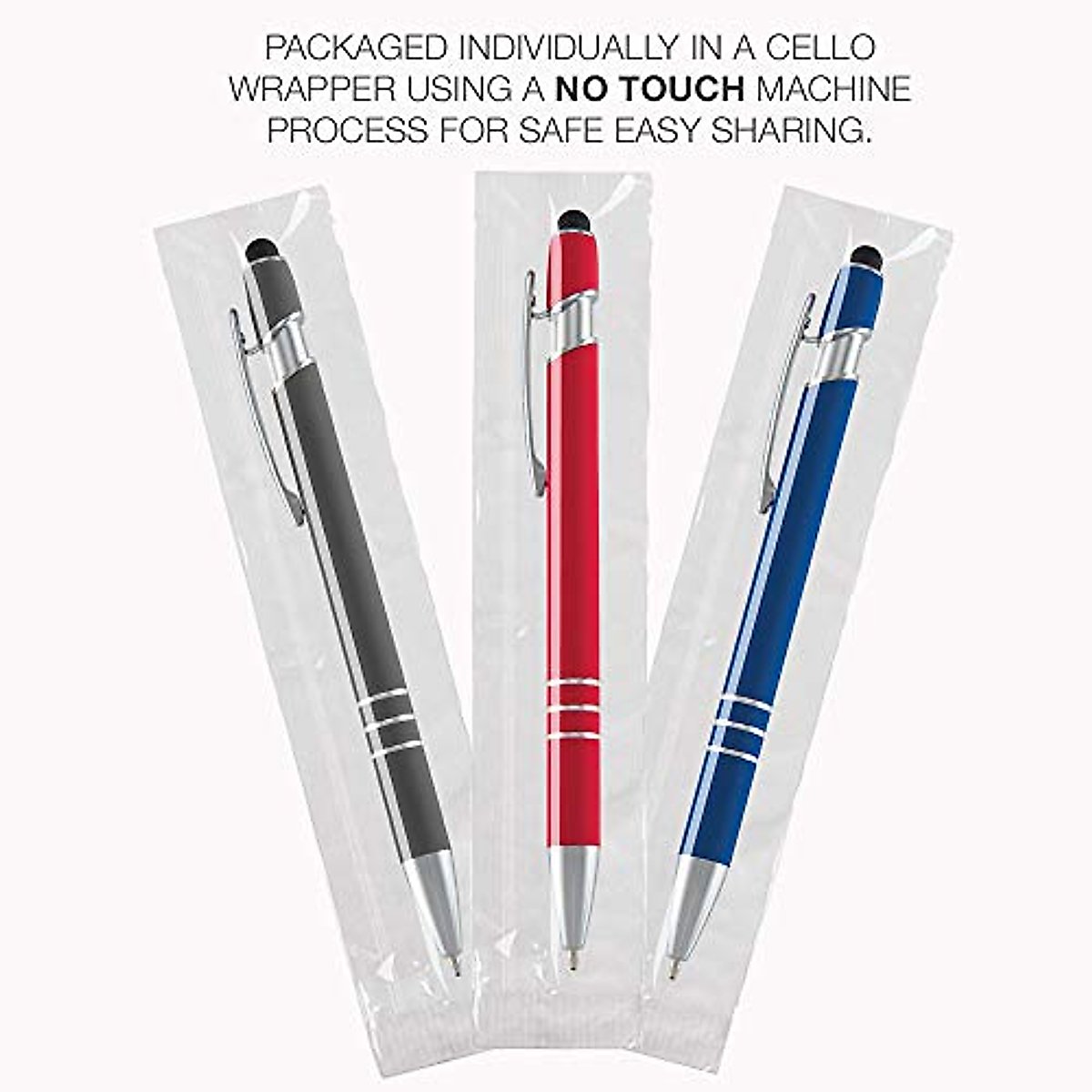 25 Cello-Wrapped Soft Touch Ballpoint Pens With Stylus - Stylus Tip Works with All Touchscreen Devices. Individually Packaged in Cello Wrap