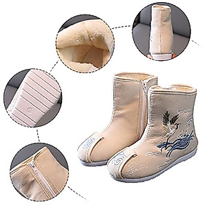 Boys Cloth Shoes Children Embroidered Shoes Boys Hanfu Shoes Boots Chinese New Year Shoes Cotton Boots Sneaker Boots for Kids (Beige, 11.5-12 Years Big Kids)