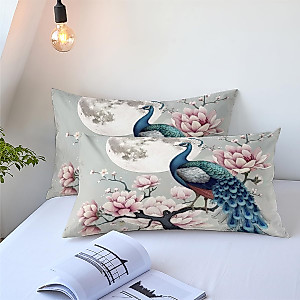 CCoutueChen Blue Peacock Duvet Cover Set King Size Orchid Floral Comforter Bedding Set Elegant Botanical Flower Duvet Covers for Girls Women Adults Animal Feathers Duvet Cover with 2 Pillowcases