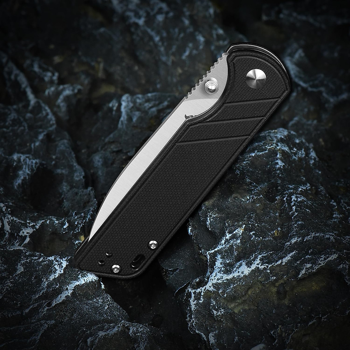 QSP EDC Folding Pocket Knife, D2 Blade, 4" G10/Micarta handle, Left and Right Handed Thumb Stub Opening, Smooth Liner Lock with Ball Bearing, Parrot (ball bearing, black G10)