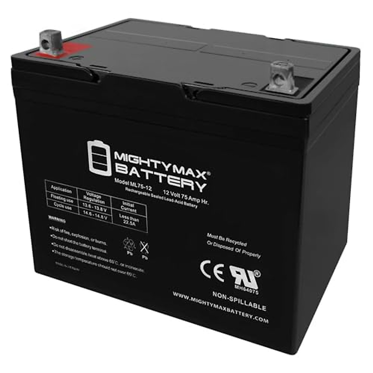 Mighty Max Battery ML75-12 - 12 Volt 75 AH, Nut and Bolt (NB) Terminal, Rechargeable SLA AGM Battery
