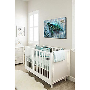 Arjun Bathroom Decor Teal Canvas Green Sea Turtle Wall Art Prints Submarine Picture One Panel 16"x12" Blue Sea-Plant Modern Landscape Painting Framed for Living Room Bedroom Home Office Spa Wall Decor