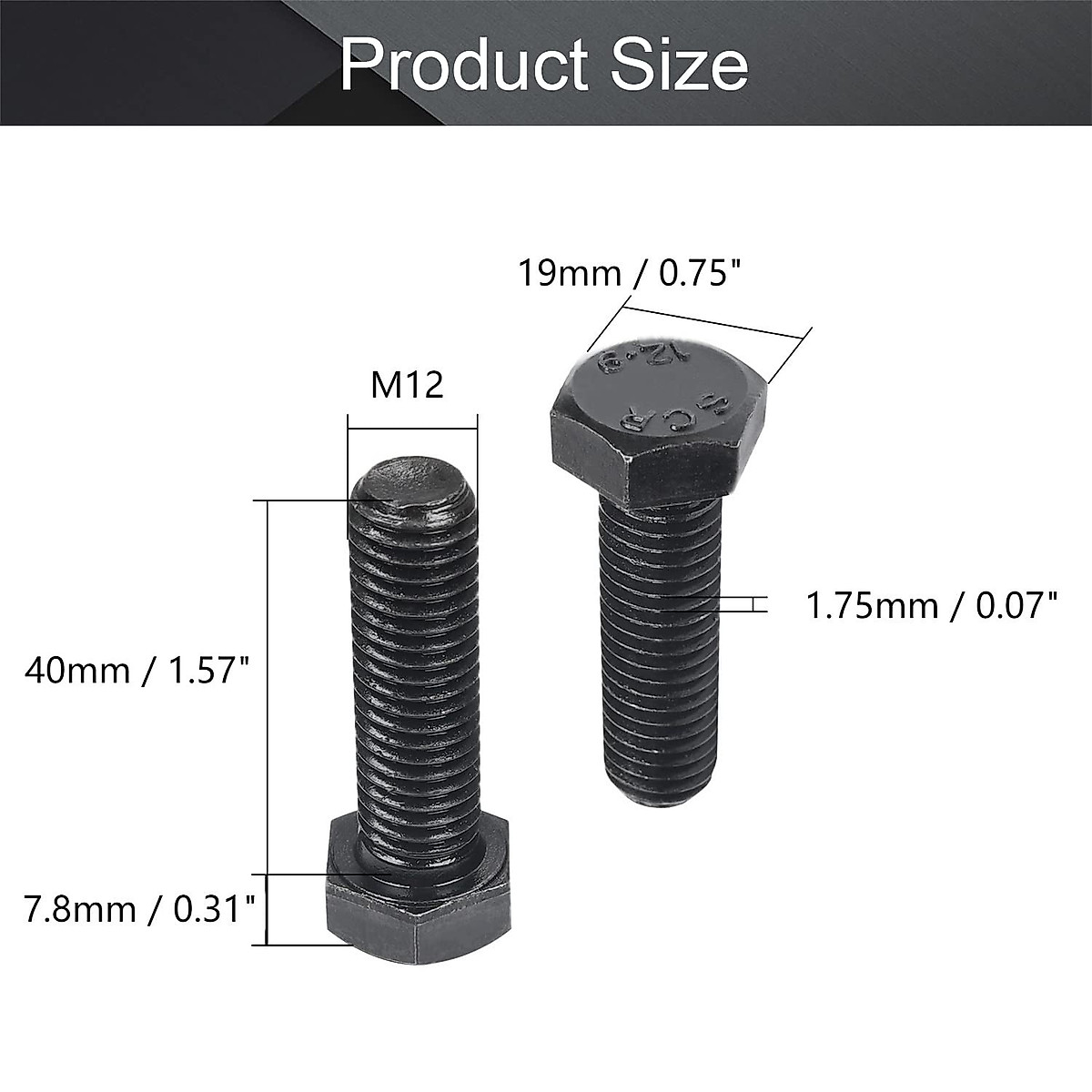 MroMax M12 Left Hand Hex Bolt M12-1.75 x 40mm Hex Head Screw Bolts Carbon Steel Fully Threaded Metric Hex Bolts Grade 12.9 Black 5Pcs