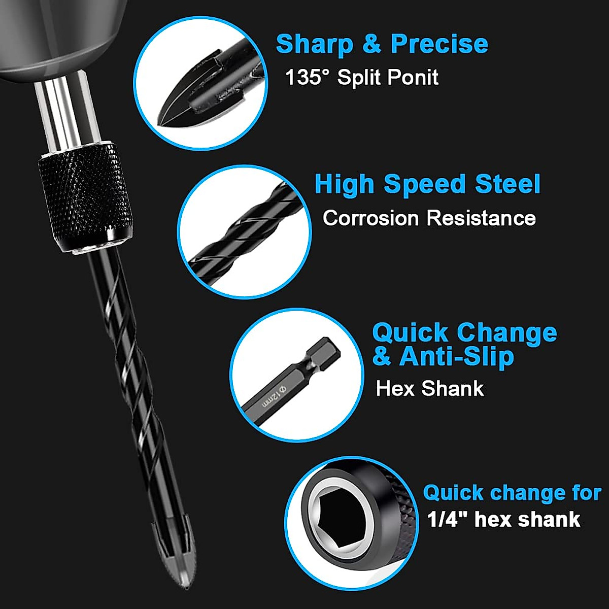 11PCS Masonry Drill Bit for Pots Bottles Ceramic Tile Glass Brick 3/16 to 1/2 inch Ceramic 1/4" Hex Shank Carbide Tips Concrete Drill Bit Set