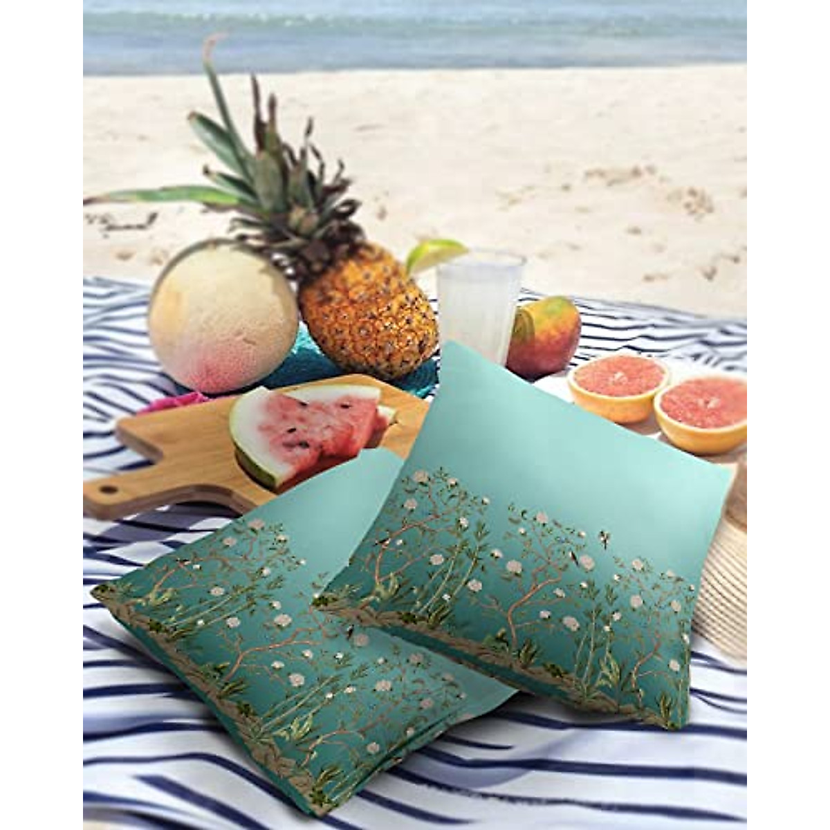 Pack of 2 Waterproof Outdoor Pillow Covers, Floral and Birds Decorative Throw Pillow Covers Square Pillowcases Cushion Covers for Patio Garden 16x16 Inch Abstract Art Ombre Blue and Green
