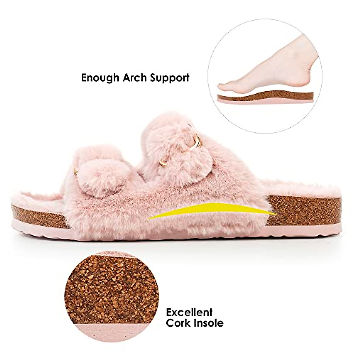 FITORY Womens Open Toe Slipper with Cozy Lining,Faux Rabbit Fur Cork Slide Sandals Pink Size 8