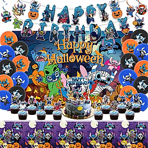 Stitch Birthday Party Supplies, 112 pcs Stitch Party Decorations and Tableware Set-Stitch Plates and Napkins Cups Backdrop for Stitch Birthday Supplies Lilo Stitch party Decorations