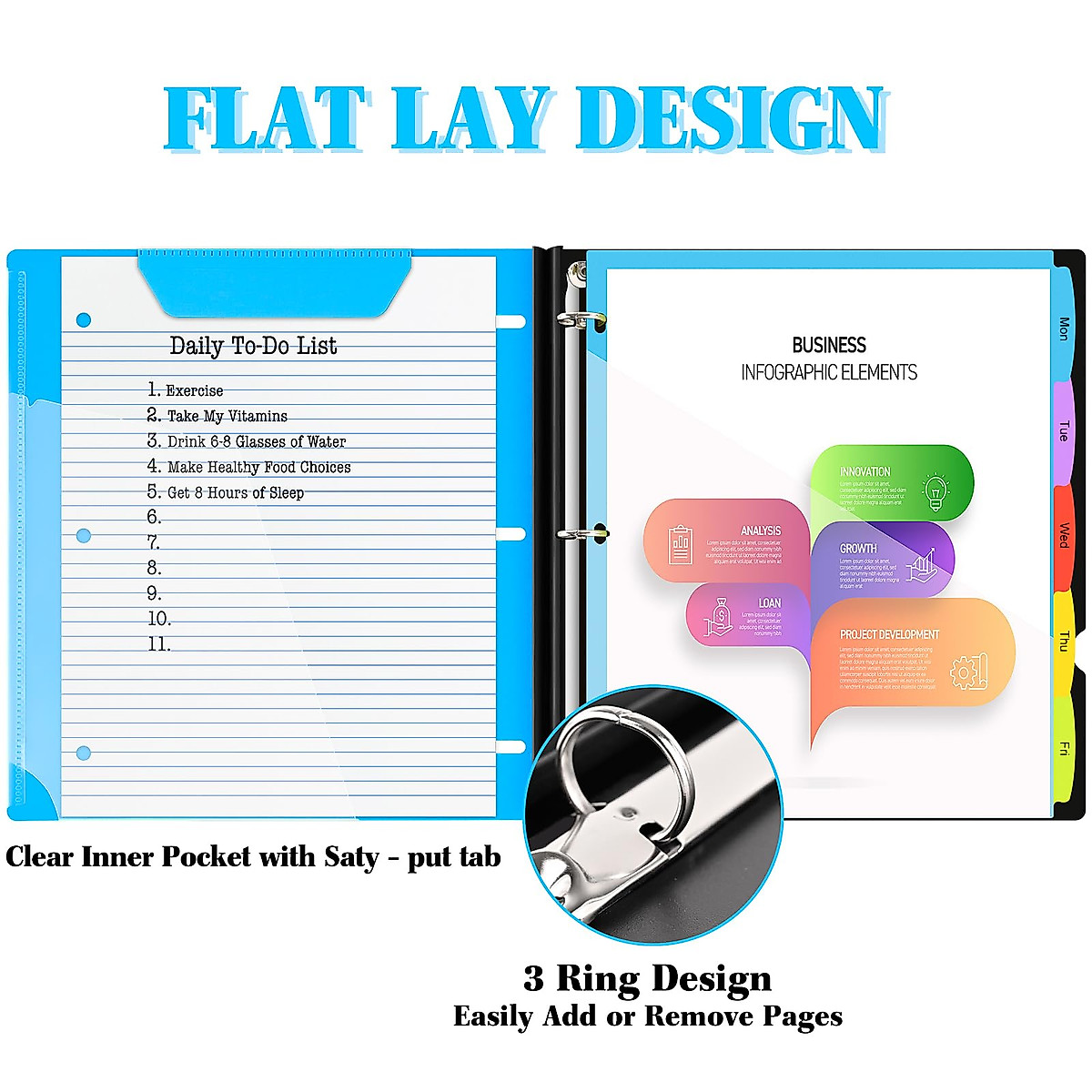 INFUN Telescoping Project Organizer Binder,13 Pocket 3-Ring Folder Binder with Customizable Front Cover,Refillable Binder Organizer with 5 Colors Divider with Tabs and Plastic Binder Pocket -Blue