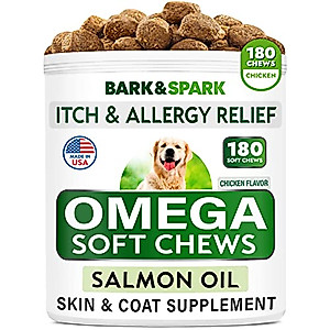 Bark&Spark Omega 3 for Dogs - 180 Fish Oil Chews for Dog Shedding, Skin Allergy, Itch Relief, Hot Spots Treatment - Joint Health - Skin and Coat Supplement - EPA & DHA Fatty Acids - Salmon Oil