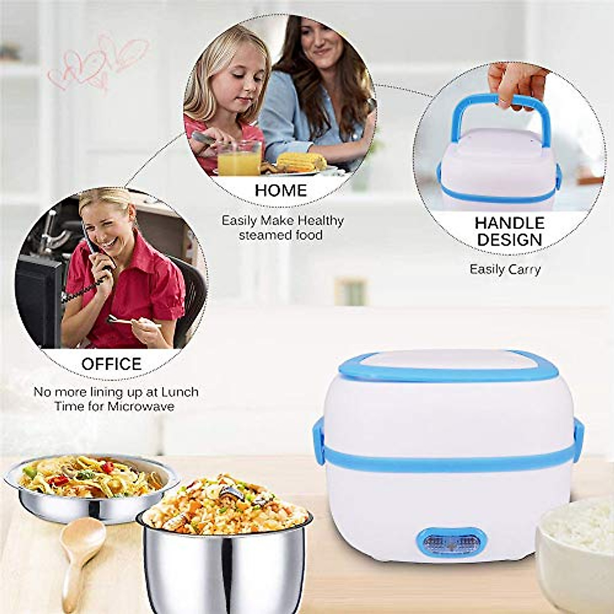 Sethruki Electric Lunch Box Heater Portable Food Warmer Bento Food Grade Material 2 Layers Steamer with Stainless Steel Bowls and Plate, Egg Steaming Rack, Cup, For Home and Office