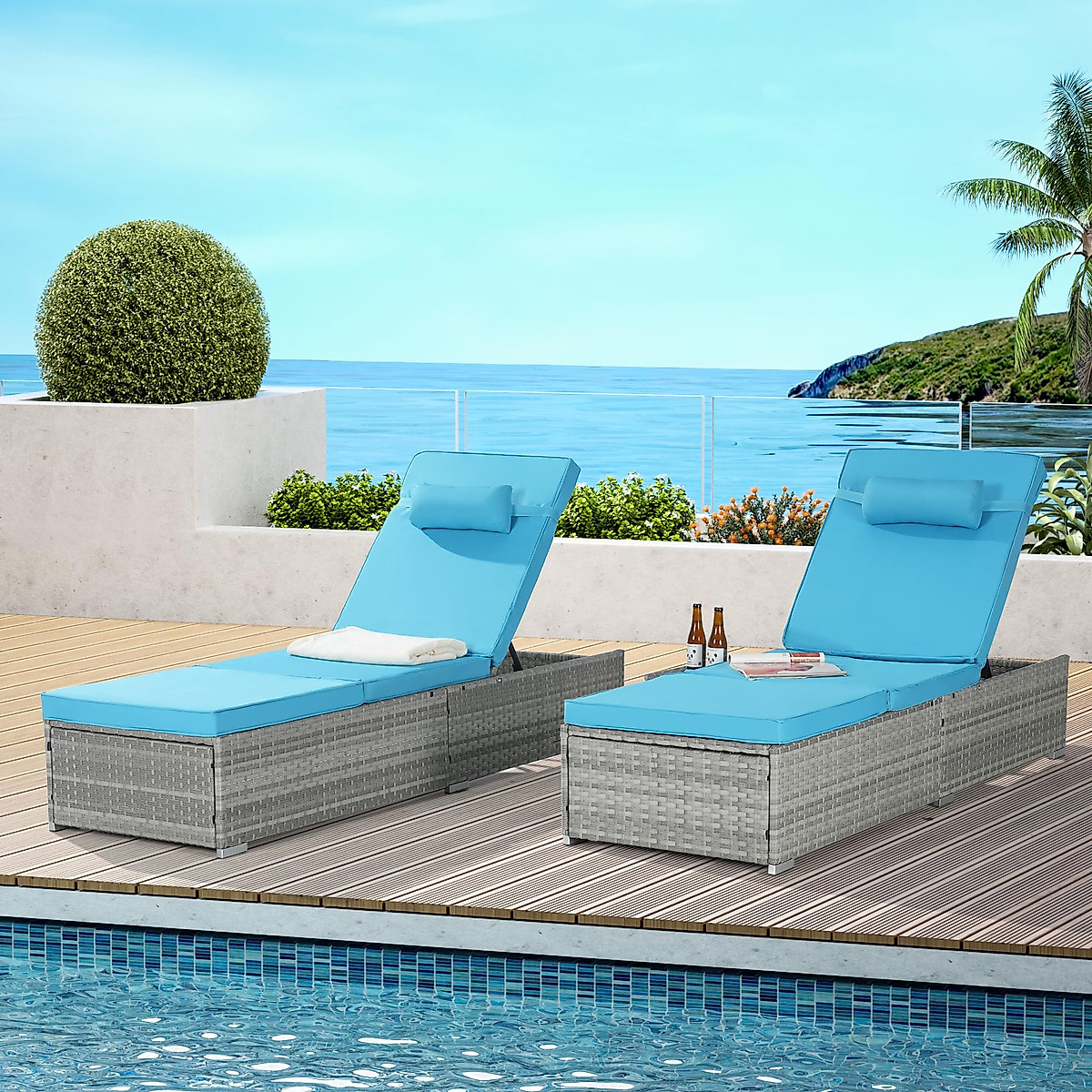 Lounge Chair, Pool Lounge Chairs For Outside, Wicker Chaise Lounge Outdoor, Patio Lounge Chairs Set Of 2, Rattan Furniture Reclining Chair Set With Adjustable Backrest Recliners + Cushions (Style 11)