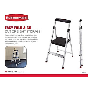 Rubbermaid RMA-2 2-Step Lightweight Aluminum Step Stool with Project Top, Anti-Slip Step Ladder, 225 lb Capacity, Silver Finish