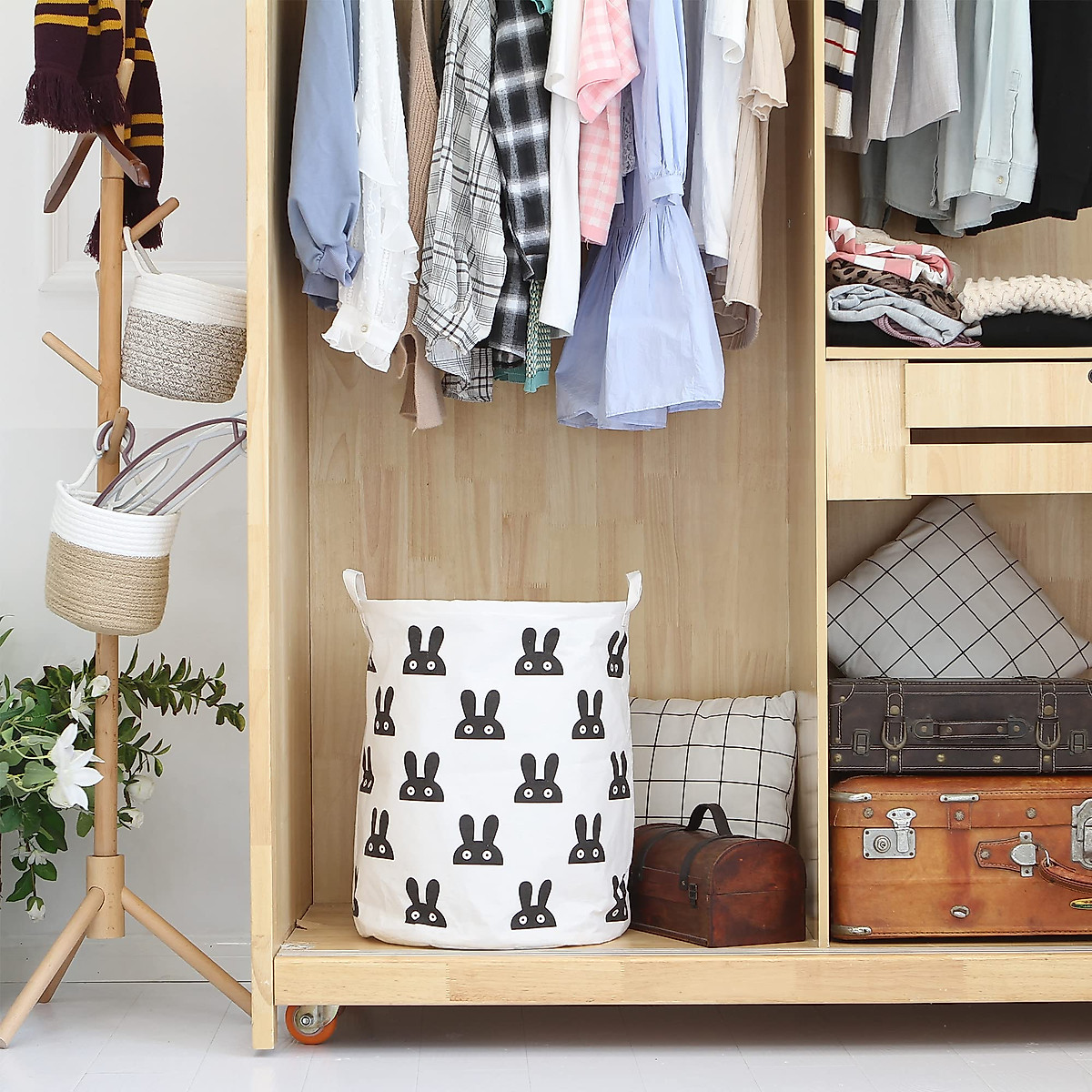 Sea Team 19.7" Large Sized Waterproof Coating Ramie Cotton Fabric Folding Laundry Hamper Bucket Cylindric Burlap Canvas Storage Basket with Cute Bunny Design (Black)