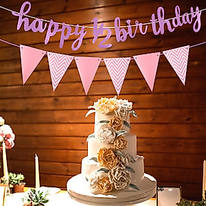 Happy 1/2 Birthday Banner Glitter Half Birthday 6 Months Happy Birthday Banner Happy Birthday Bunting Banner Birthday Party Decorations for Half Year Baby Shower, Pink