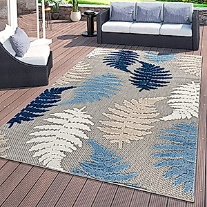 Rugshop Seville Floral Leaves Non-Shedding Patio Deck Backyard Indoor/Outdoor Area Rug 5' x 7' Blue