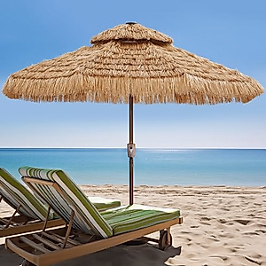 PUPZO 9 ft - Patio Umbrella, Tiki Thatched Outdoor Umbrella with Hawaiian Style Beach Umbrella with Center Light