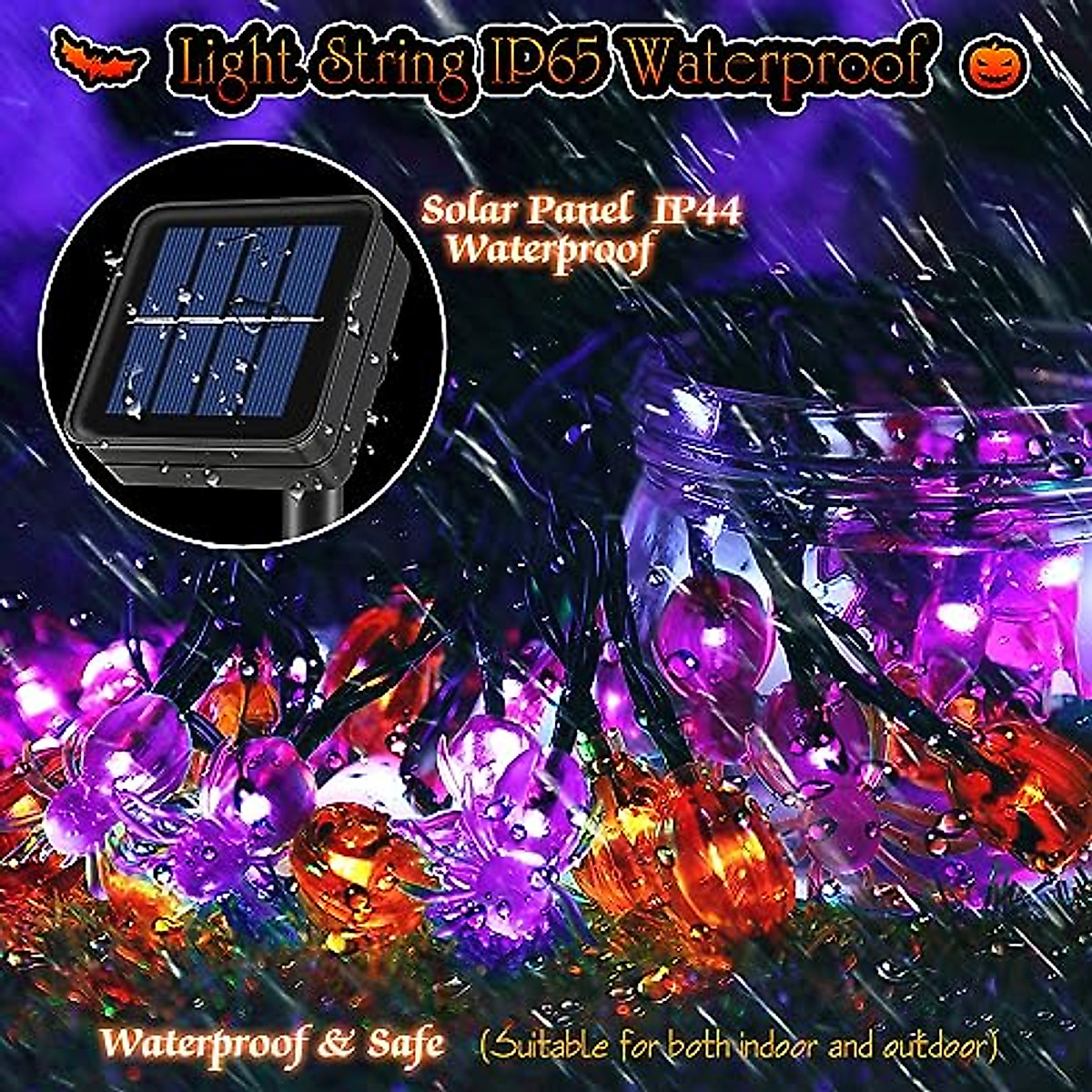 Enhon Halloween Lights, 26 FT 40LED Solar Halloween Pumpkin Bat Ghost Spider Lights for Decoration, IP44 Waterproof Lights with 8 Modes for Garden(Orange, Cool White, Purple, Dark Purple,1 Pc)