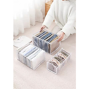 3 Pack Washable Wardrobe Clothes Organizer, Jeans Leggings Compartment Storage Box Closet, Drawer Organizers for Clothing, Folding Clothes Mesh Separation Organizer (White Jeans+T-shirts+Leggings)