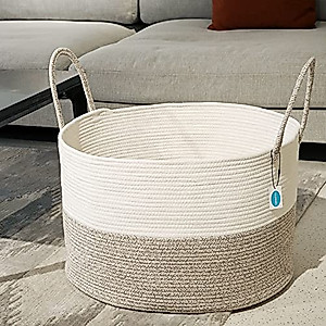 Casaphoria XXXLarge Cotton Rope Basket for Living Room - Woven Storage Basket with long Handle for Blankets, Towels and Pillows Laundry Hamper | Cream white and Brown (22" x 22" x 14")