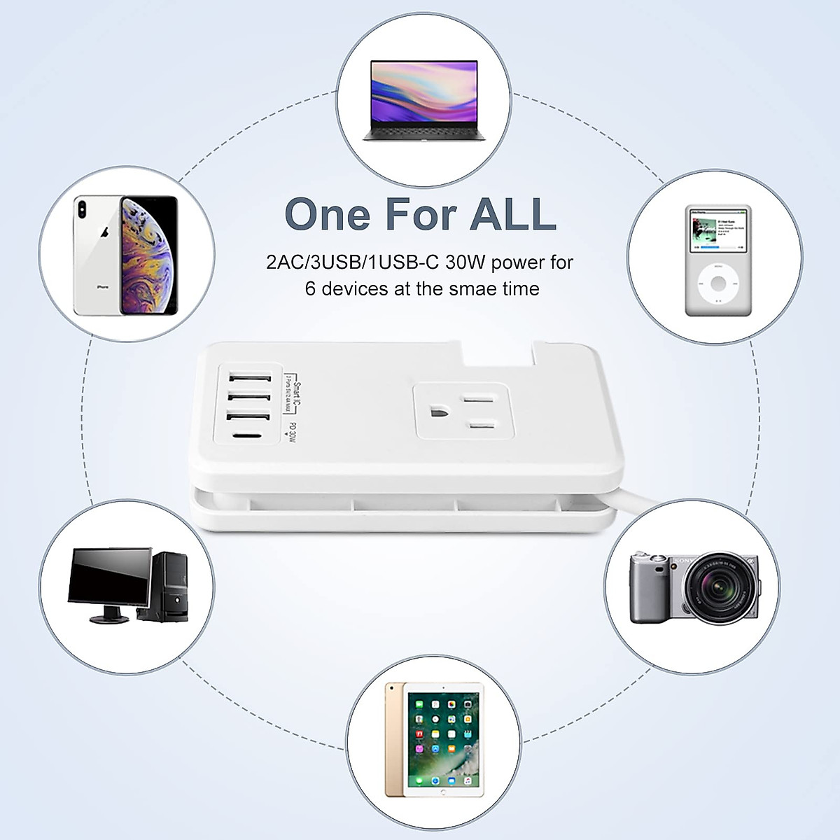 EWIN Power Strip with PD 30W USB C Port,Portable Travel Surge Protector Extension Cord with 2 Outlets,3 USB Charging Port,Flat Plug Compact Size Charging Station for Travel,Home,Office