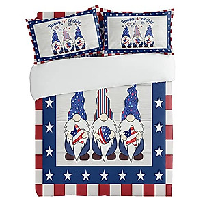3 Pieces California King Bedding Duvet Cover Sets,Independence Day Patriotic Gnome Ultra Soft Bed Set with 2 Pillow Shams for Bedroom Star and Red White Stripe,Luxury Quilt Covers for All Season