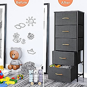 Crestlive Products Vertical Dresser Storage Tower - Sturdy Steel Frame, Wood Top, Easy Pull Fabric Bins, Wood Handles - Organizer Unit for Bedroom, Hallway, Entryway, Closets - 5 Drawers (Gray)