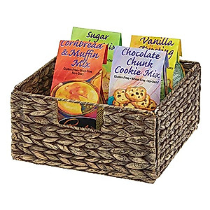 mDesign Woven Hyacinth Storage Bin Basket Organizer with Handles for Organizing Kitchen Pantry, Cabinet, Cupboard, Shelves - Holds Food, Drinks, Snacks - 4 Pack - Brown Wash