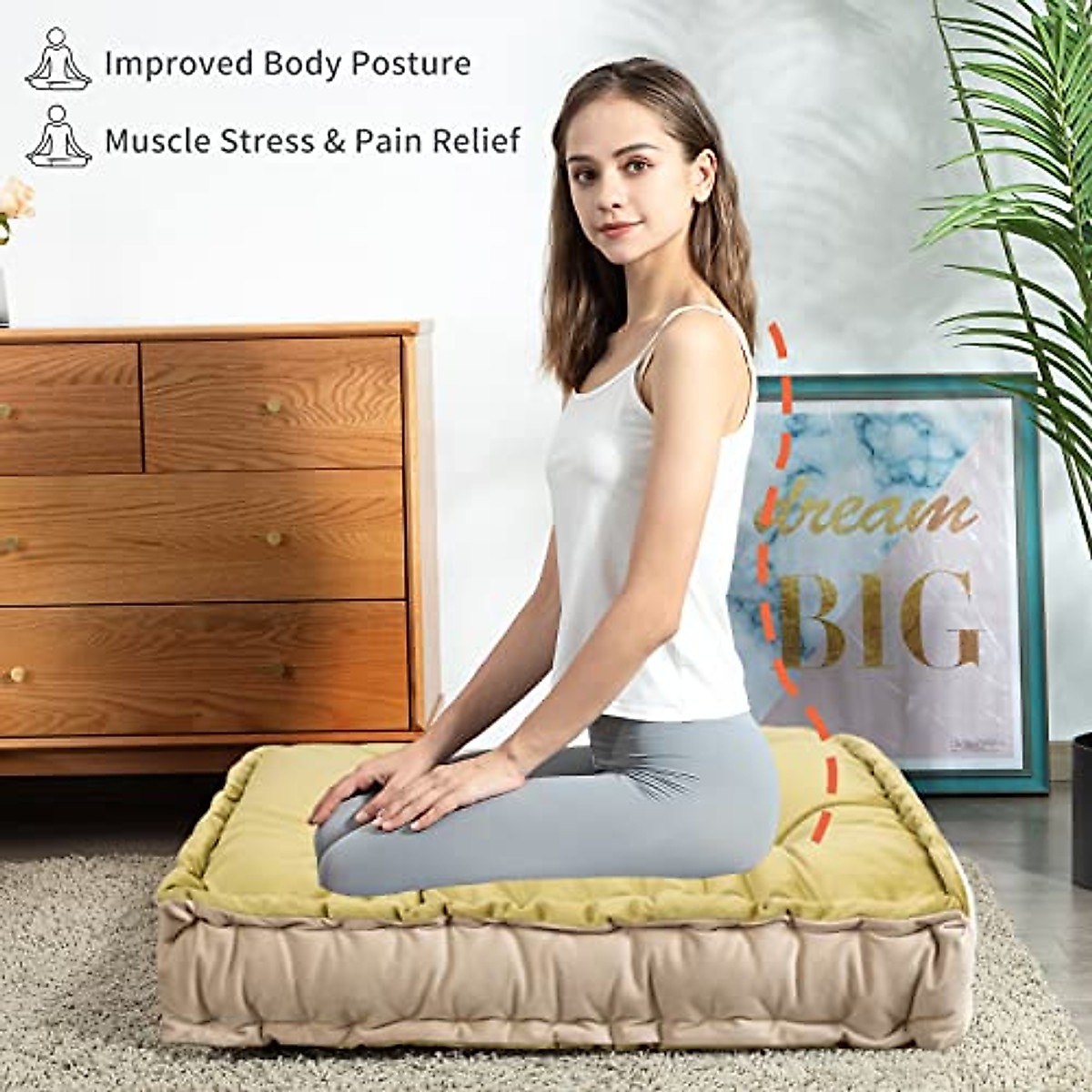 HIGOGOGO Extra Large Floor Cushion, 20"x20" Square Tufted Seating Floor Pillow with Frilled Edge, Outdoor Thicken Meditation Cushion for Yoga, Reading, Kids Playing and Pet Sleeping, Grass-Green