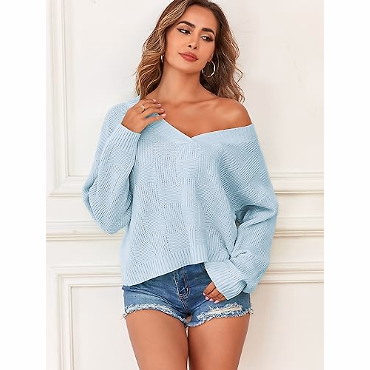 ZAFUL Oversized Sweaters for Women Sexy V Neck Long Sleeve Knit Sweater Loose Batwing Jumper Pullover Tops Blue S