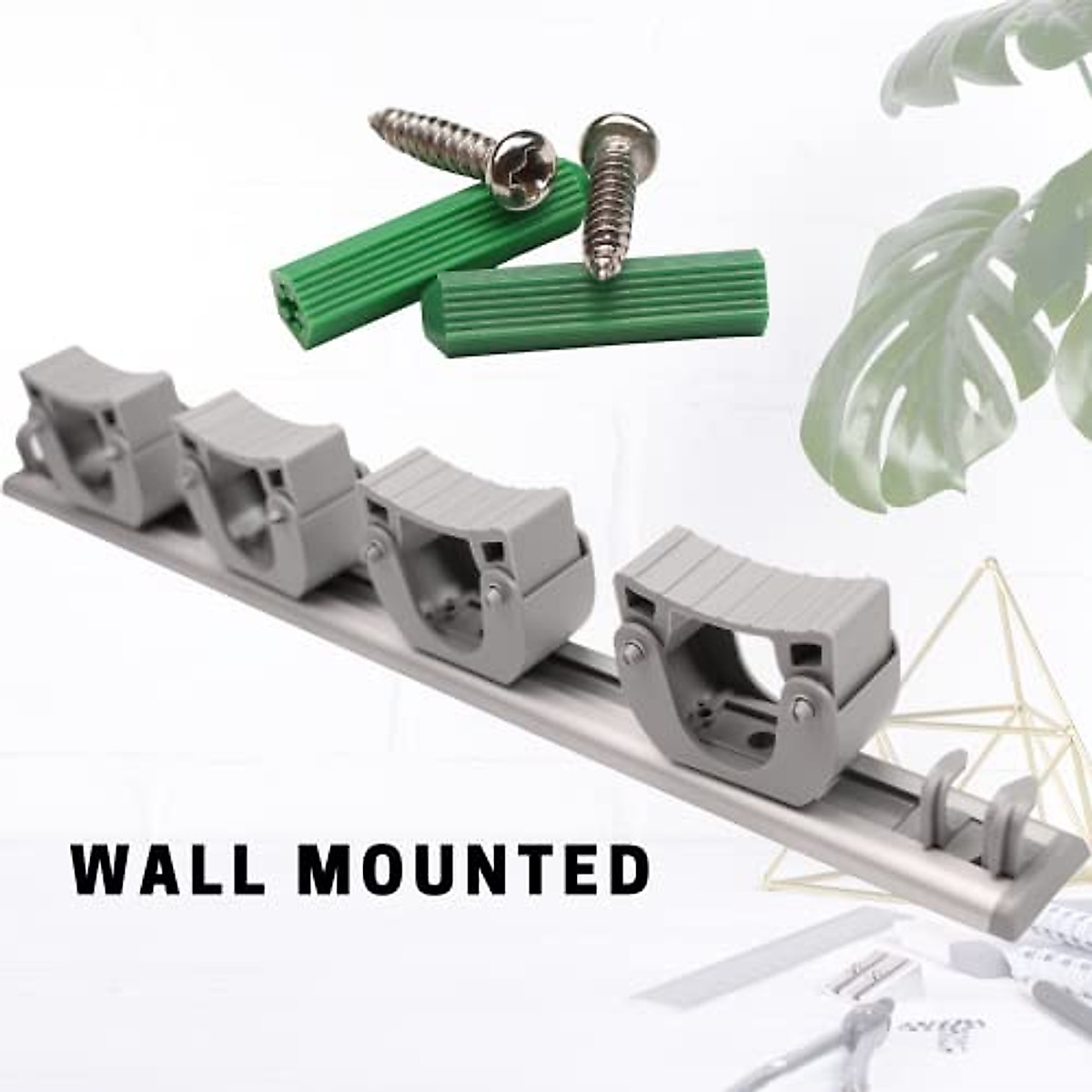 U.S. Solid Mop and Broom Holder, Wall Mounted, 4 Sliding Grippers & 4 Hooks, Garden Tool Organizer, Organize Kitchen, Garage, Laundry, Storage Rooms, 19.6 Inches