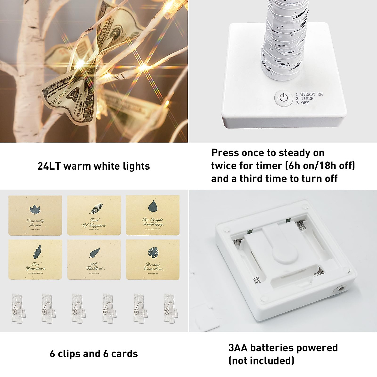 PEIDUO Money Tree, 22 Inch Gift Card Tree Holder with 6 Clips and 6 Greeting Cards, 24 Warm White Birch Tree with Lights, Christmas Tree Card Holder for Birthday Wedding Indoor Xmas Decorations