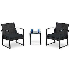 BPS 3 Pieces Patio Furniture Set, Outdoor Rattan Wicker Chairs with Table, 3 Pcs Sofa Set with Cushion, Conversation Furniture for Garden Poolside
