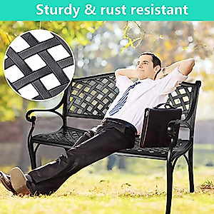 GIODIR Outdoor Patio Garden Bench All-Weather Cast Aluminum Loveseats Park Yard Furniture Porch Chair Work Entryway Decor w/Checkered Design (Black)