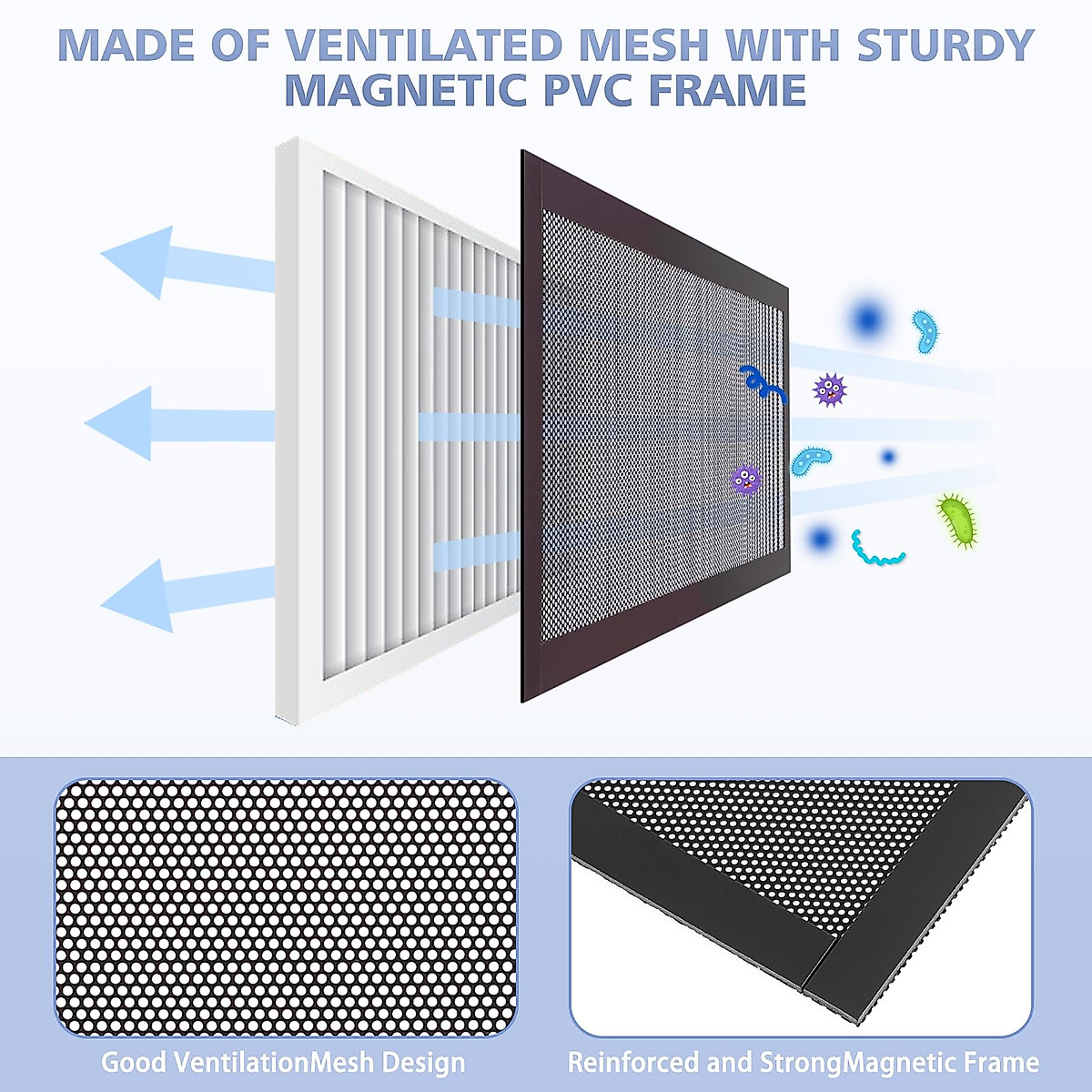 4 Pack Strong Magnetic Floor Vent Cover - PVC Mesh Register for Wall Ceiling Floor Catch Debris Hair Insect (Black, 4 x 10 Inch)