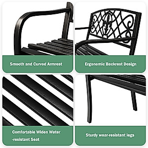 HCSH&WILL Outdoor Bench, Weatherproof Park Bench, Classic Garden Bench with Backrest & Armrests, Outdoor Metal Bench for Patio, Porch, Lawn and Yard, Black