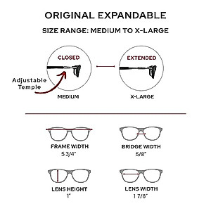 Clic Magnetic Reading Glasses, Adjustable Temple Computer Readers, Original Expandable, (M-XL, Black, 2.00 Magnification)