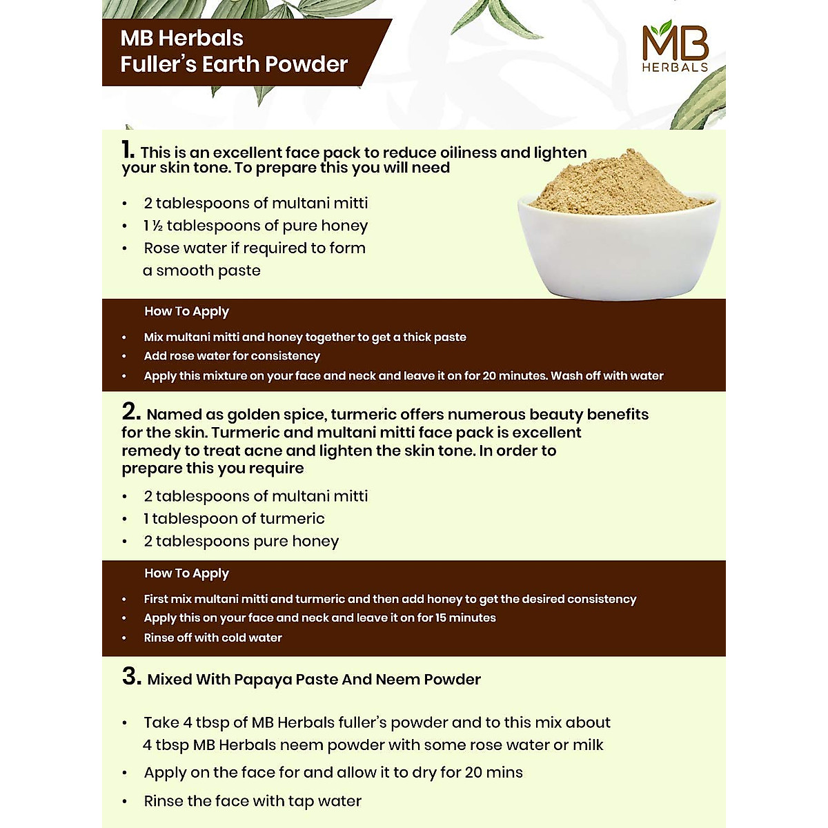 MB Herbals Fullers Earth Powder 8 oz | 0.5 lb | Fuller's Earth Powder | Multani Mud Mitti | Indian Healing Clay | Bentonite Clay | 100% Pure No Added Fragrance | Natural Face Pack