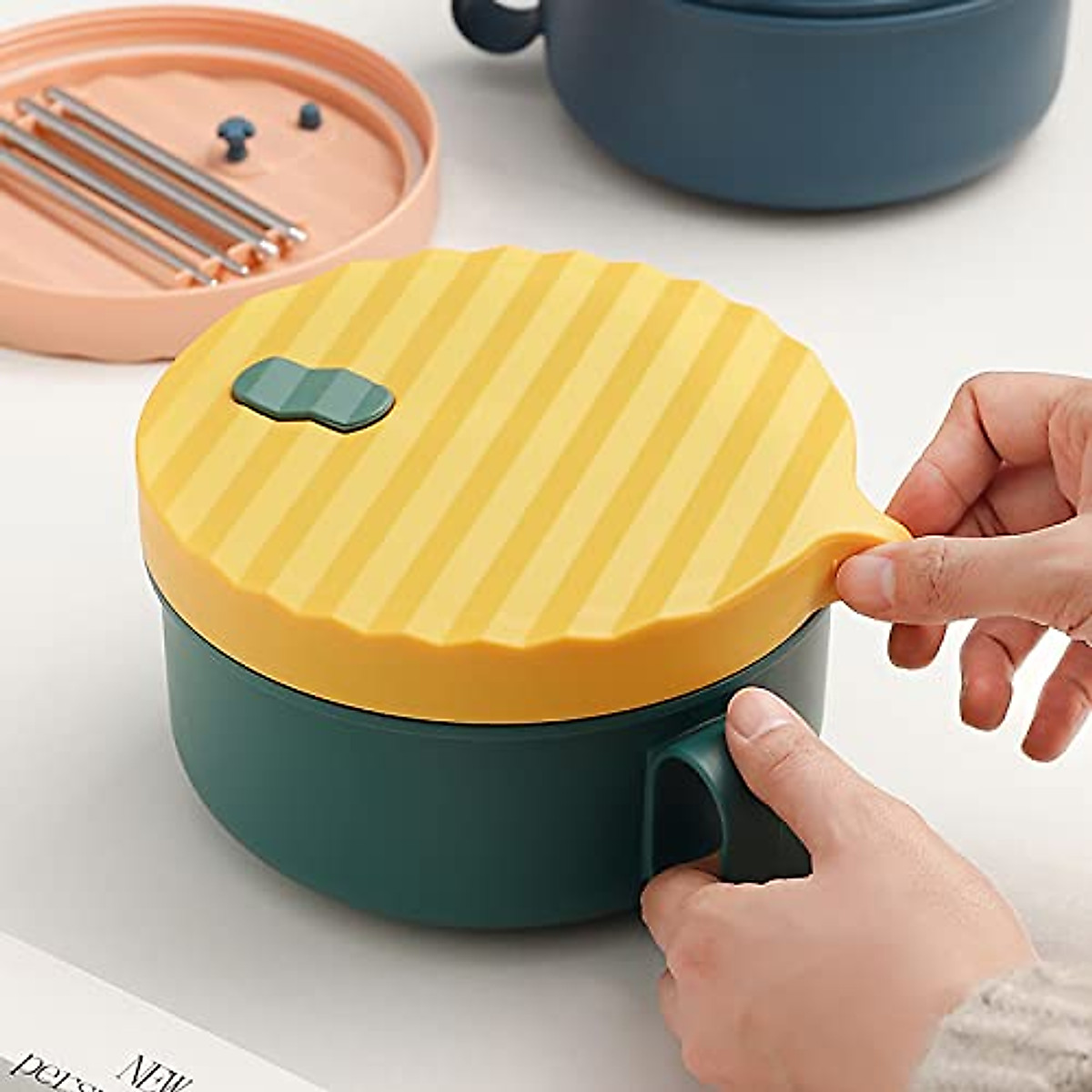 YCXXKJ Microwave Ramen Bowl Set Ramen Cooker with Handles Noodle Bowls with Lid and Chopsticks Stainless Steel Liner Dishwasher Safe for Home Office College Dorm Room(Yellow & Green)