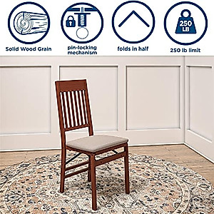 CoscoProducts COSCO Mission Back Solid Wood Folding Chair with Thick Fabric Padded, Walnut, 2-Pack, Triple Braced with Locking Mechanism, for Everyday Dining or Extra Seating